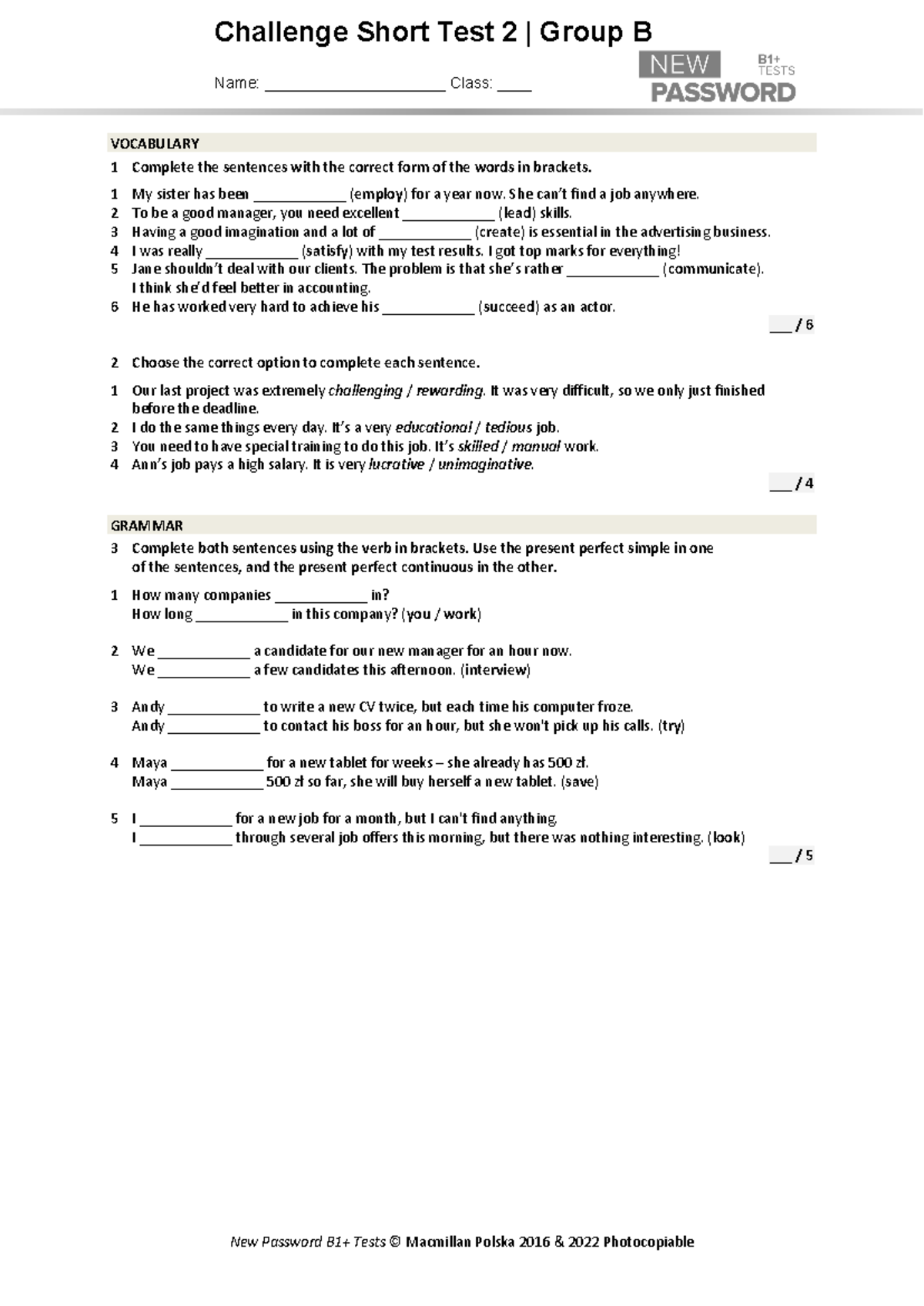 New Password B1+ CST 2B - CHALLENGE SHORT TEST 2a - Challenge Short ...