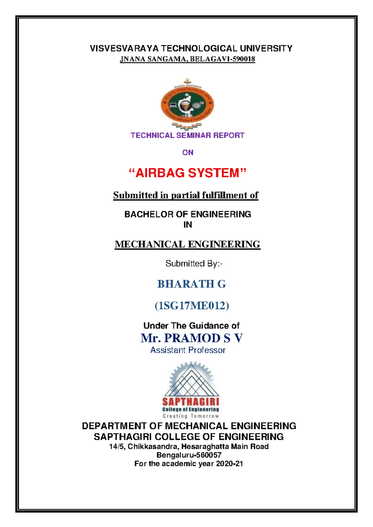 1SG17ME012 Seminar Report - VISVESVARAYA TECHNOLOGICAL UNIVERSITY JNANA ...