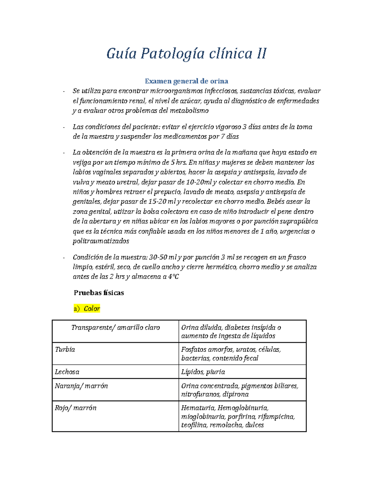 Guia pato 2 - guía pato - Guía Patología clínica II Examen general de orina Se utiliza para ...