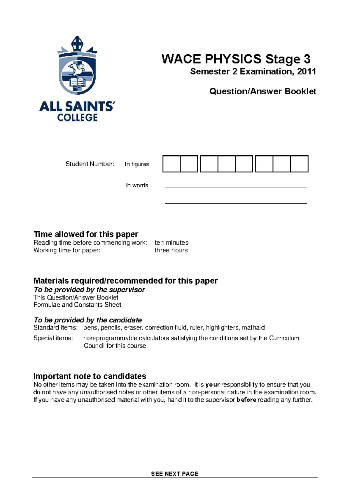 ASC 2011 Physics S2 Exam CDS - WACE PHYSICS Stage 3 Semester 2 ...