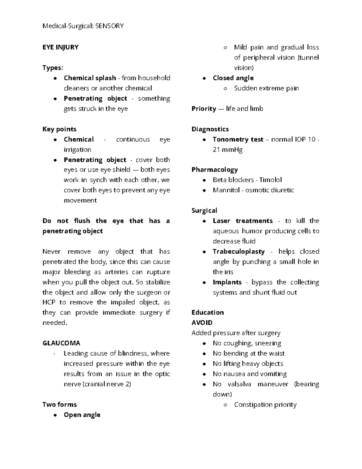 Sensory - Medsurg - Medical-Surgical: SENSORY EYE INJURY Types ...