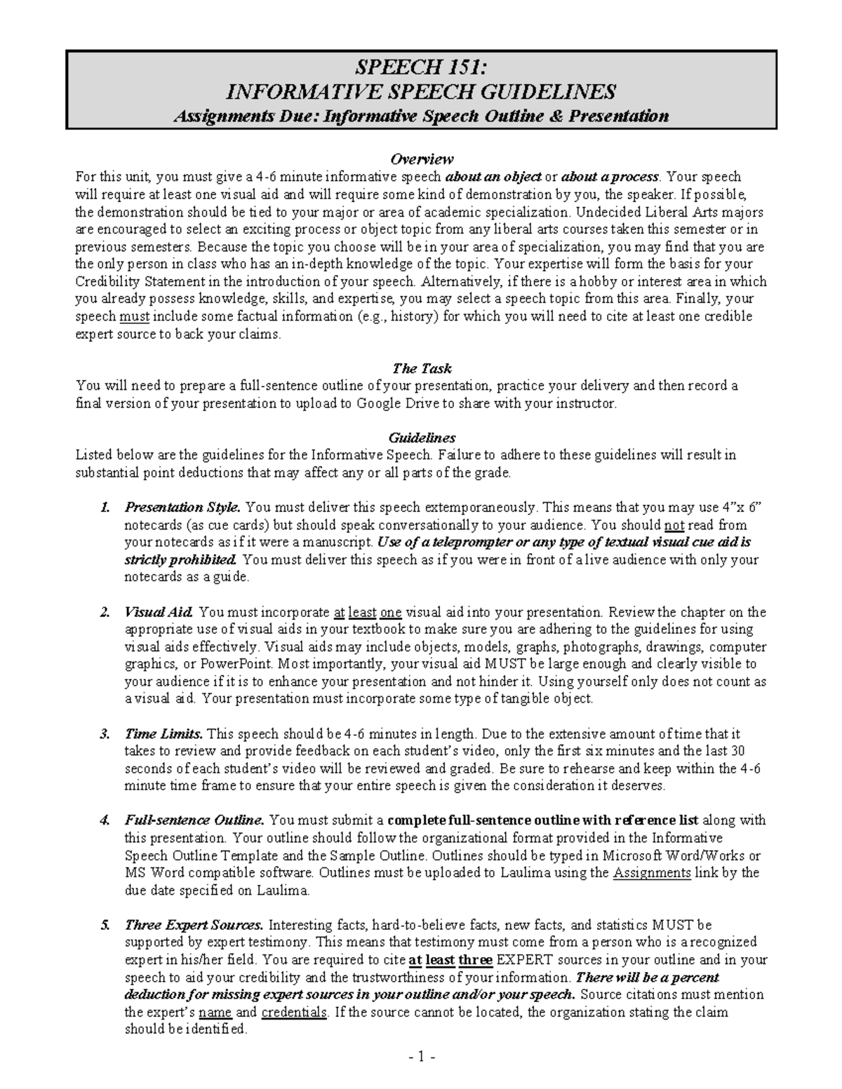 Informative Speech Guidelines - 1 - SPEECH 151: INFORMATIVE SPEECH ...