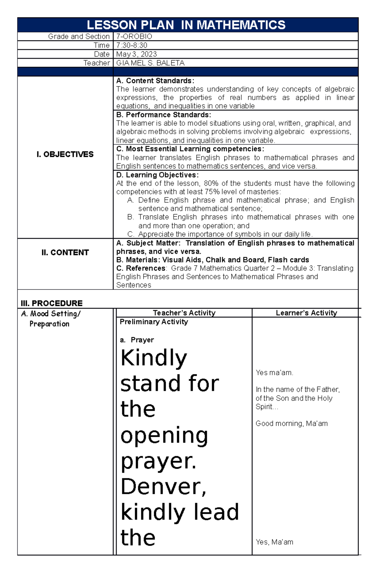 Translation-of-verbal - LESSON PLAN IN MATHEMATICS Grade and Section 7 ...