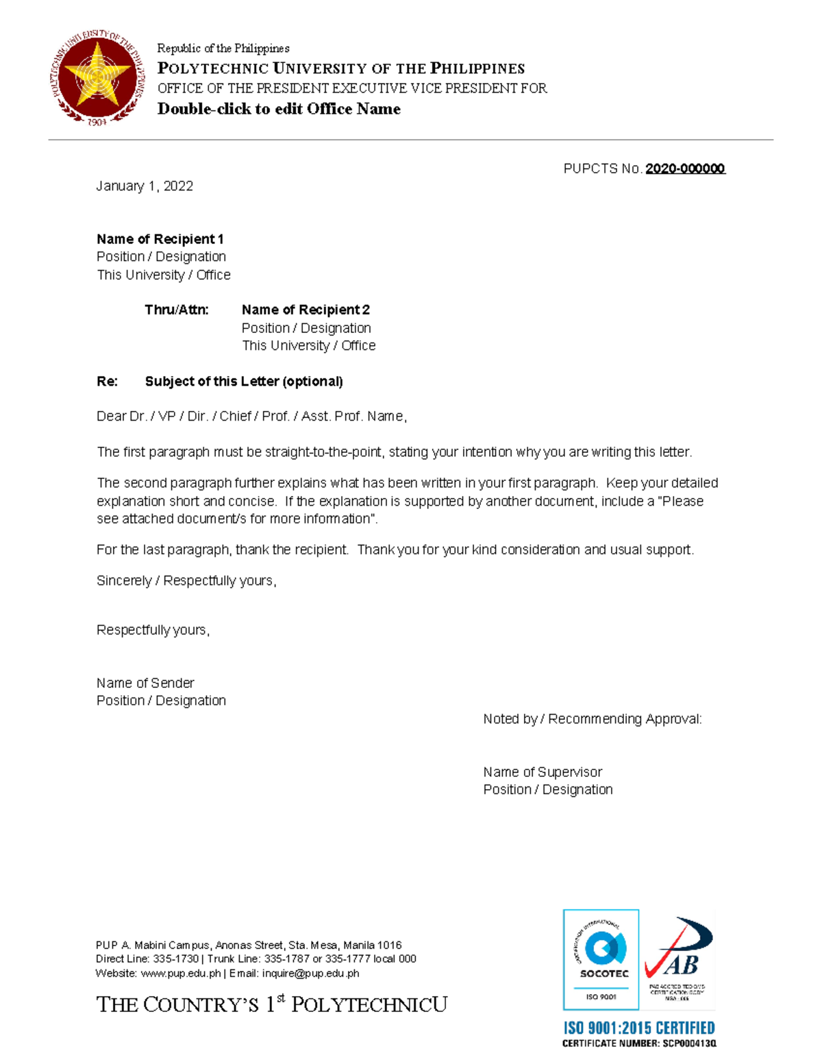PUP Letterhead Template - Republic of the Philippines POLYTECHNIC ...