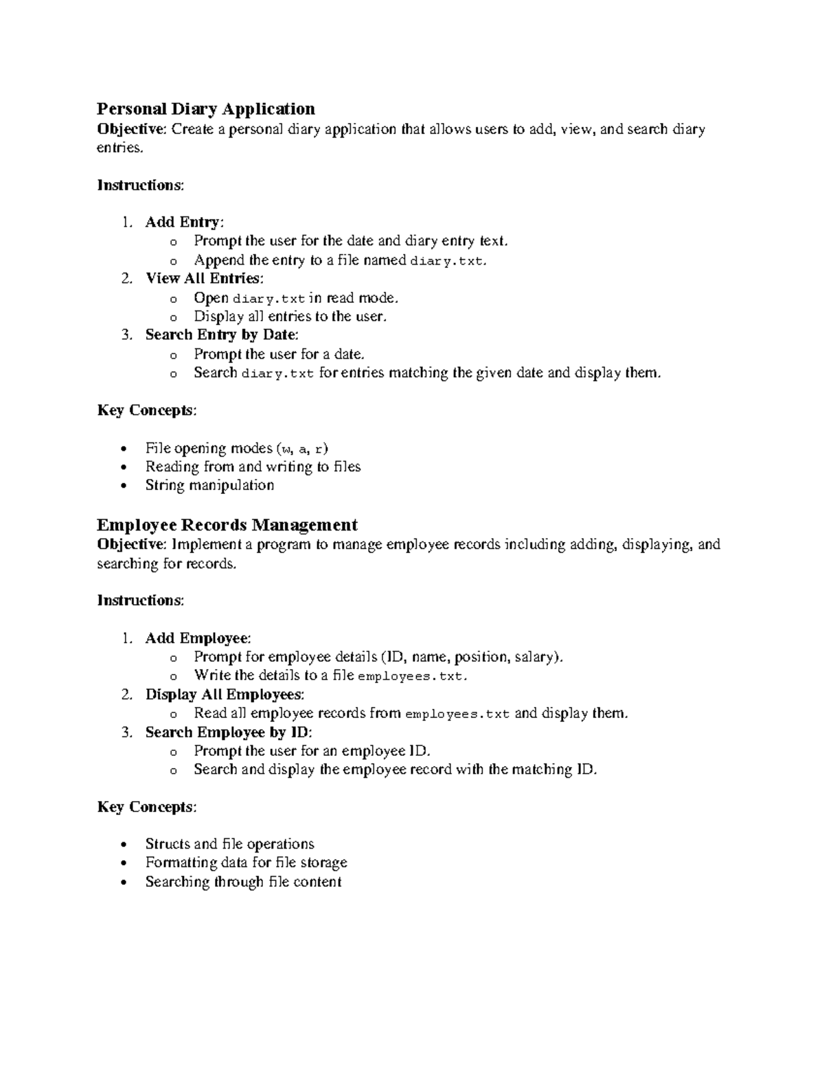 File Handling Sample Problems - Personal Diary Application Objective ...
