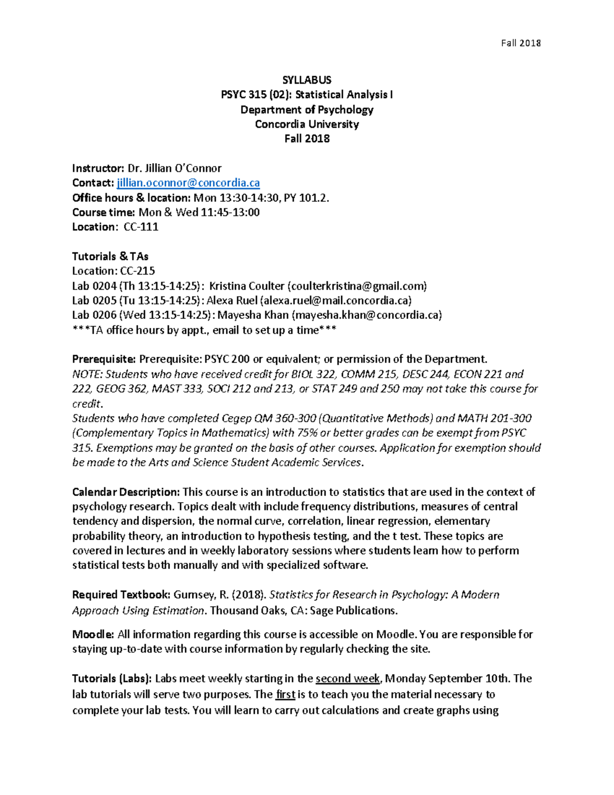 Stats outline - lkfgjlkdfjlfdjlgfd - SYLLABUS PSYC 315 (02 ...