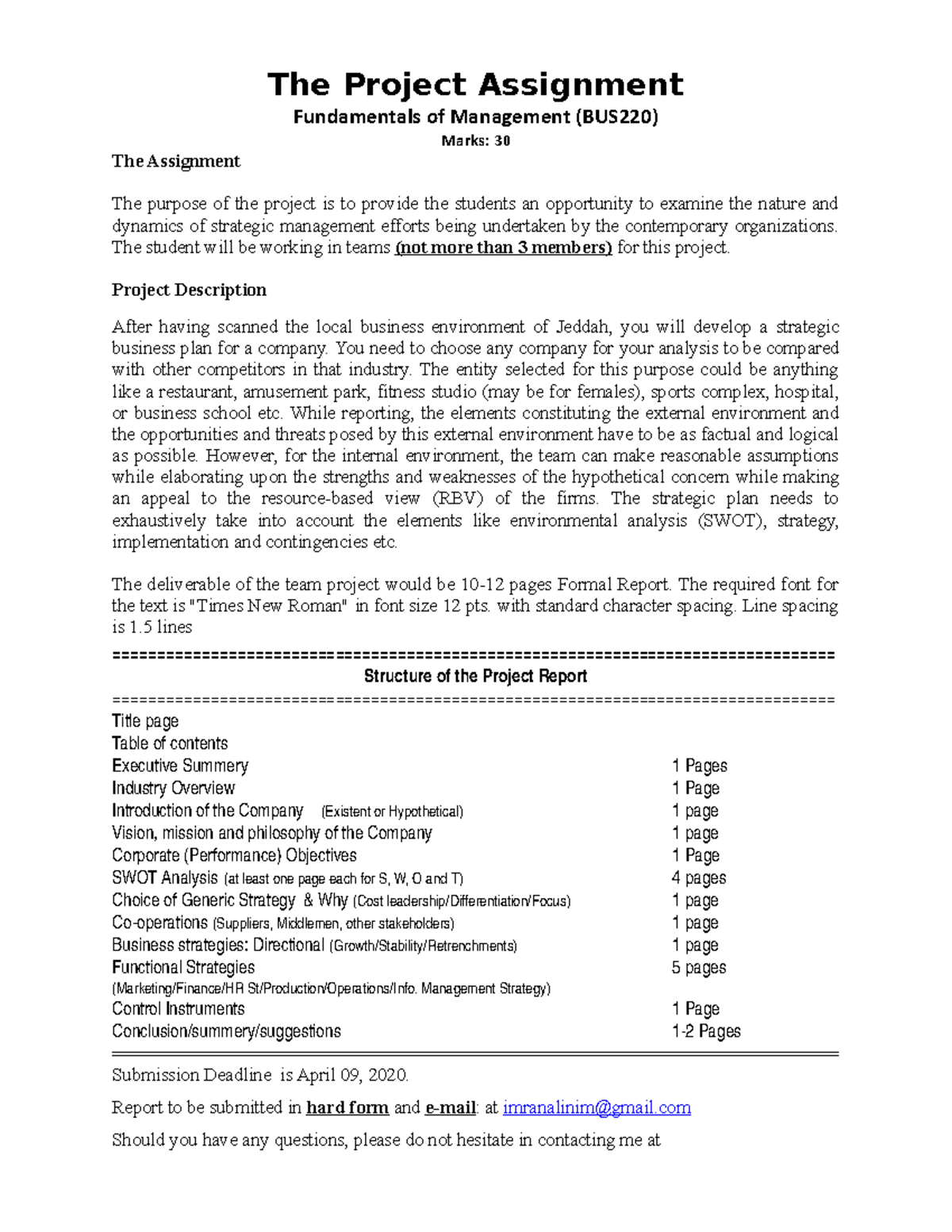 Detailed Project Description BUS220 SP20 - The Project Assignment ...