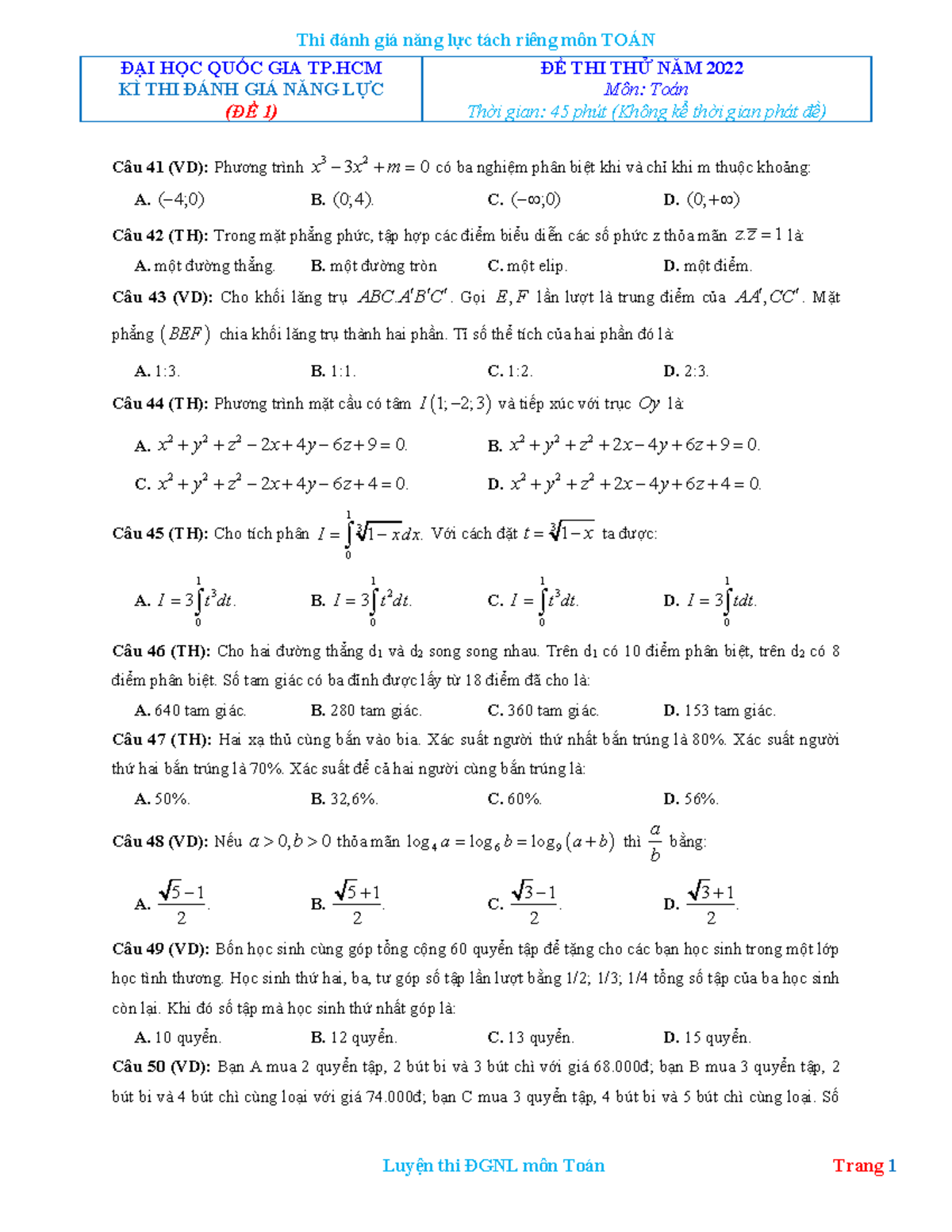 Bo 10 de on thi Danh gia nang luc mon Toan 2022 co dap an va loi giai ...