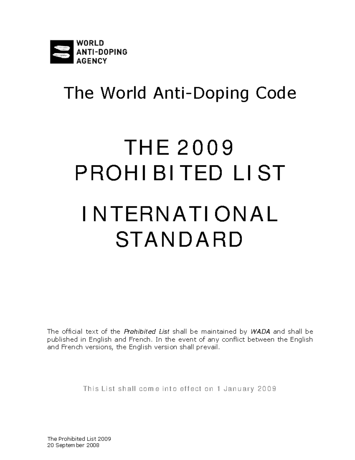 WADA list - Lista WADA - The Prohibited List 2009 The World Anti-Doping ...