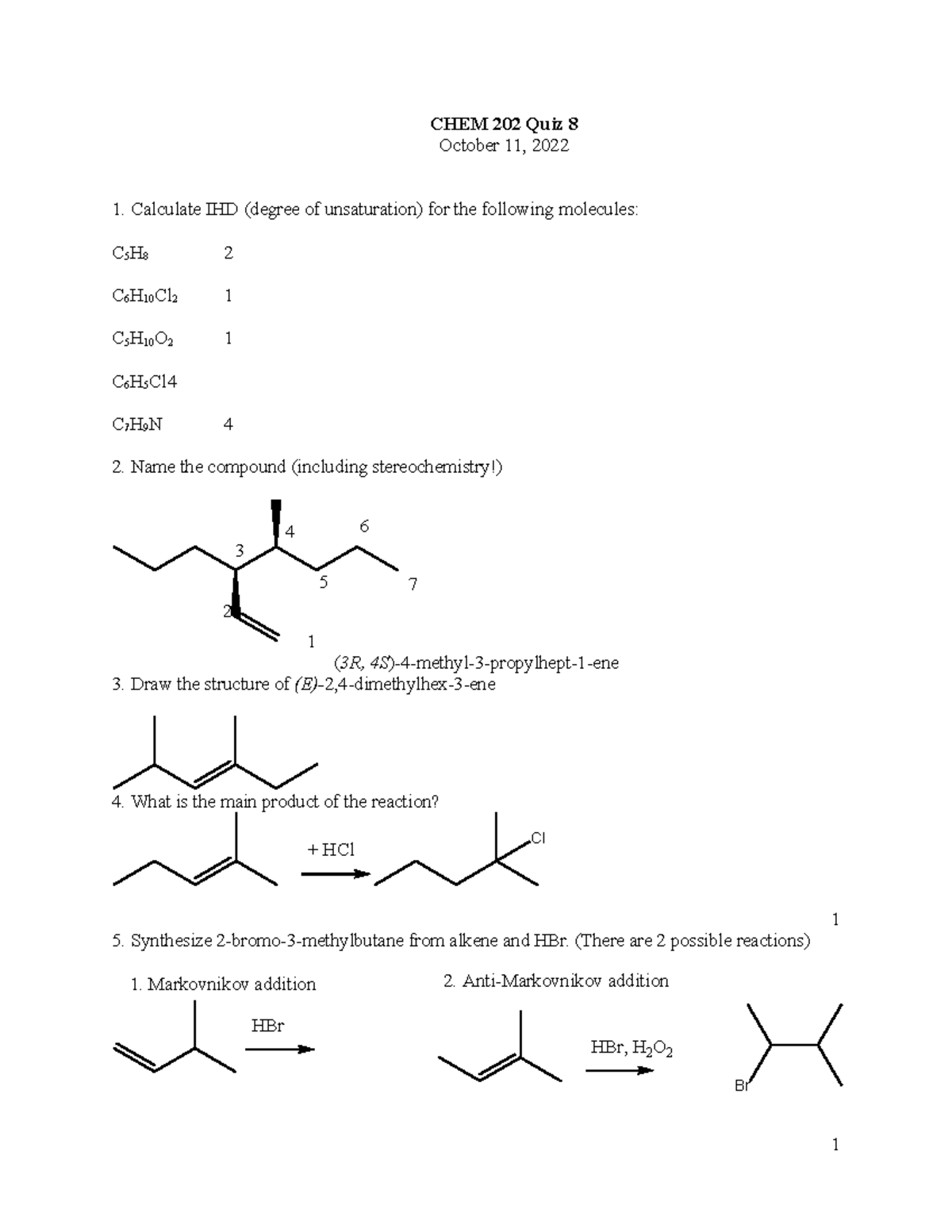 CHEM 202 quiz 8 key - Practice Quiz for Chapter 8 of Organic Chemistry ...