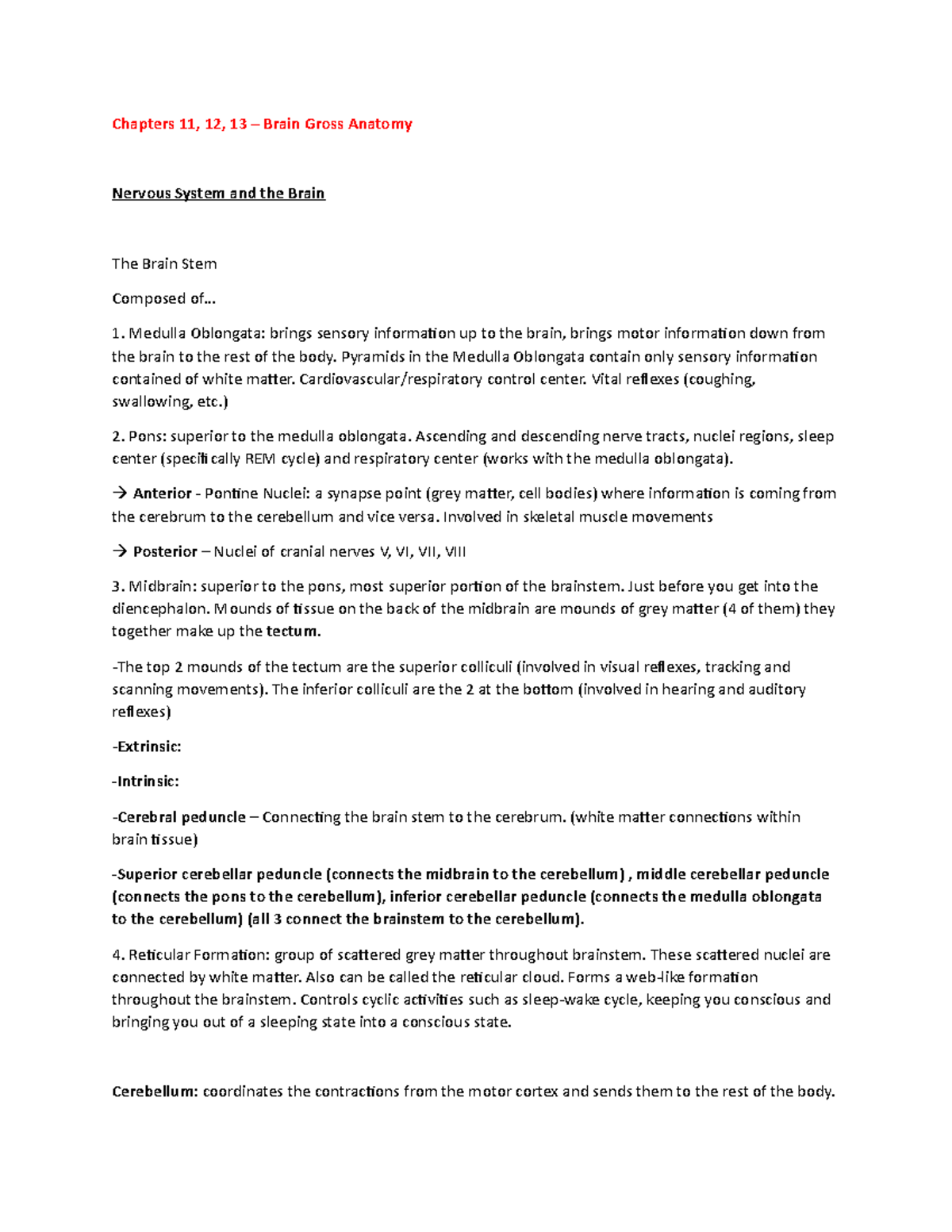 Brain gross anatomy - Lecture notes 6-7 - Chapters 11, 12, 13 Brain ...