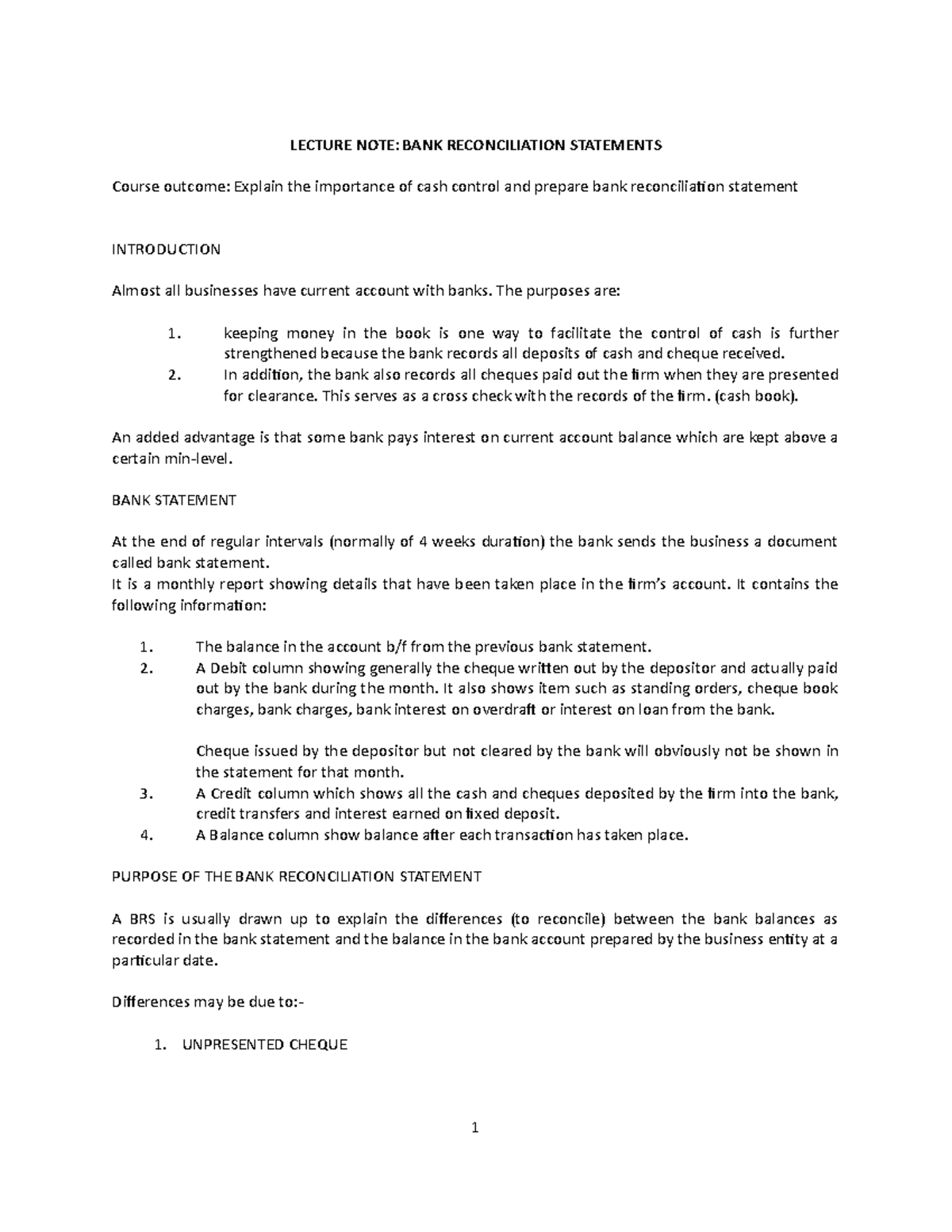 Lecture NOTE- bank - BANK RECONCILIATION STATEMENTS NOTE - LECTURE NOTE ...