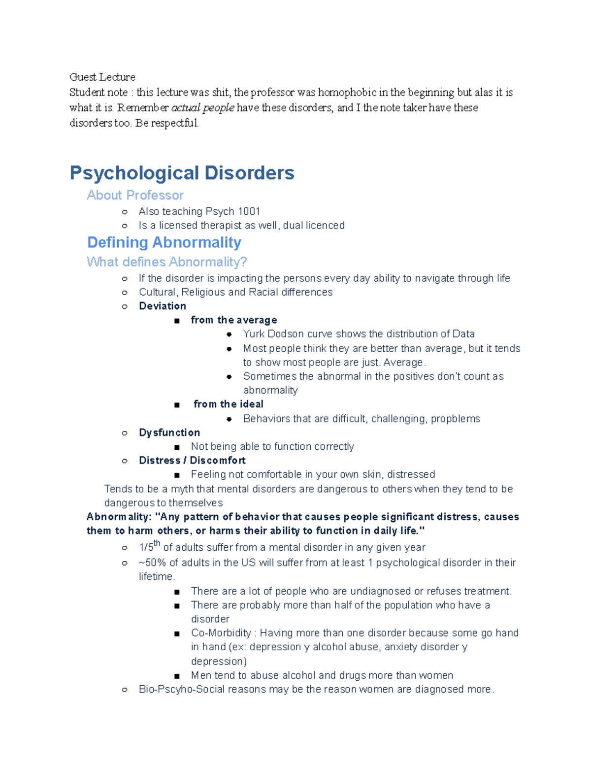 Psych 1001 Psychological Disorders - Guest Lecture Student note : this ...