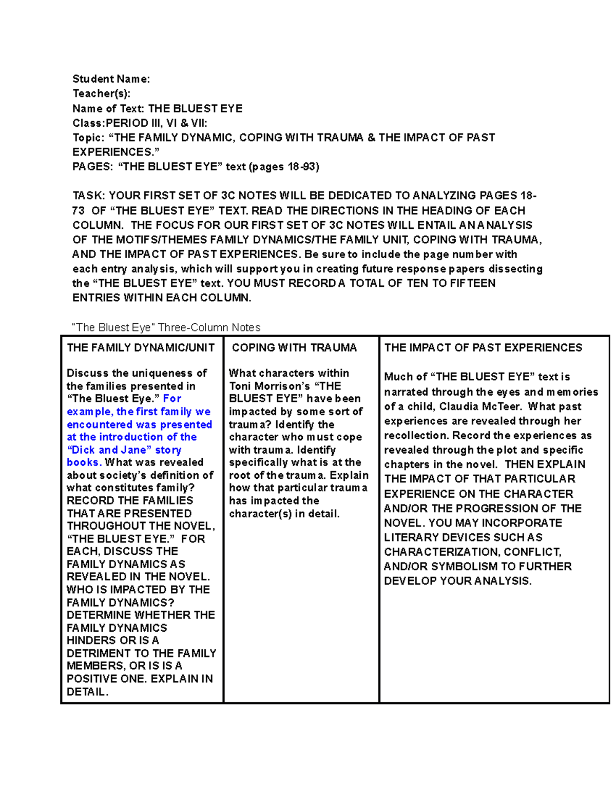 - THE Bluest EYE 3-C Notes - Student Name: Teacher(s): Name of Text ...