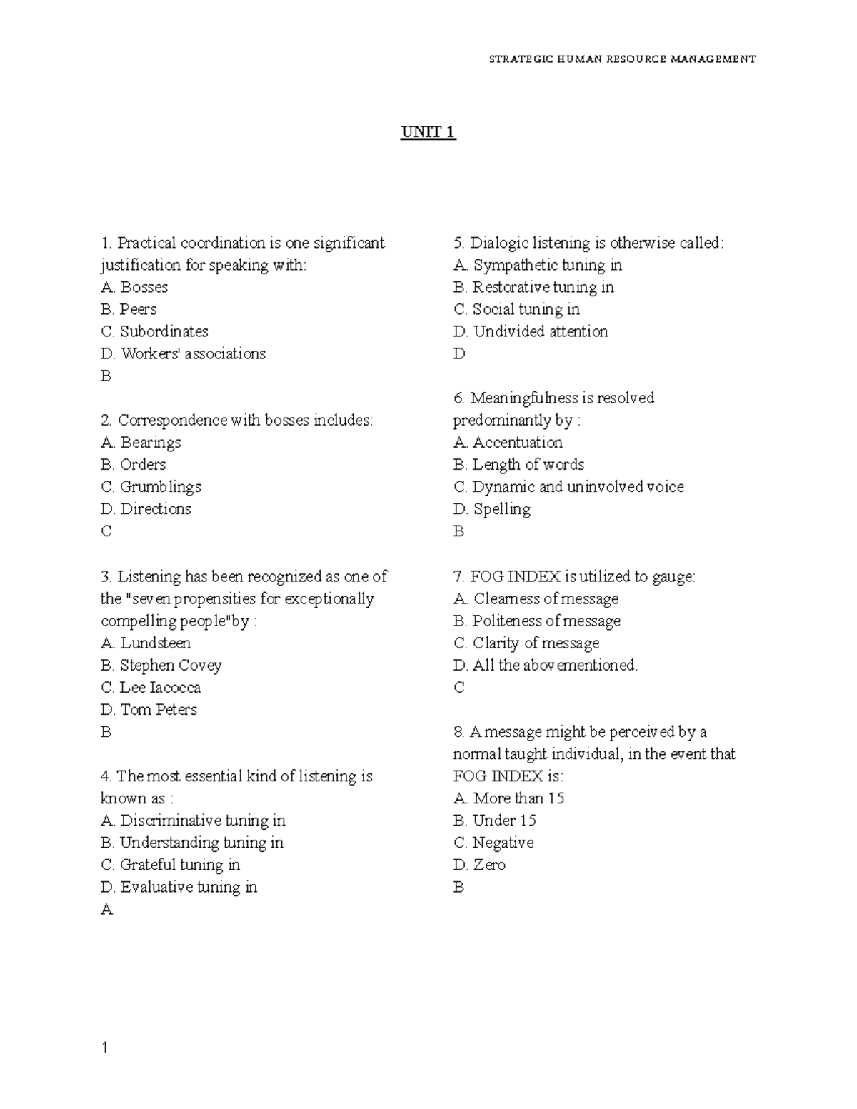 Business Communication - STRATEGIC HUMAN RESOURCE MANAGEMENT UNIT 1 ...