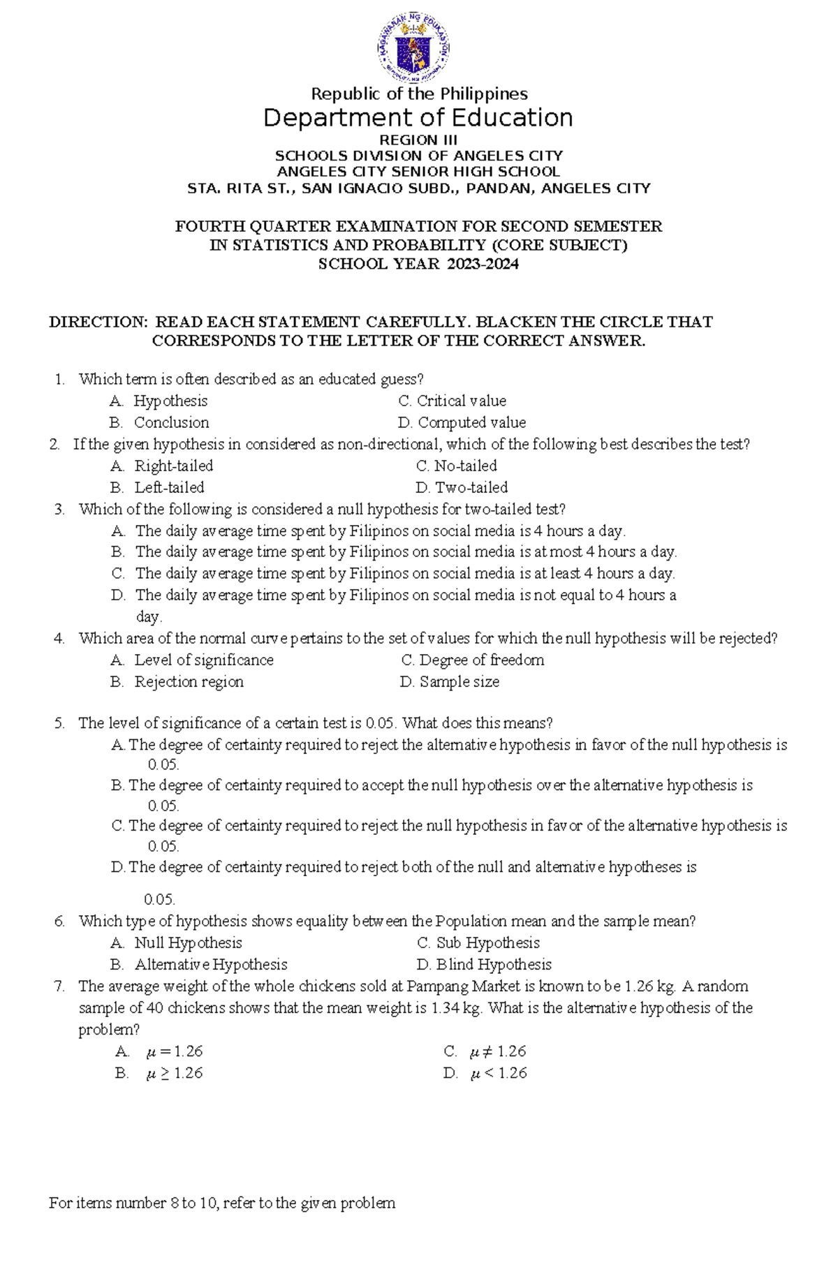 4th PT STAT AND PROB SY 23 24 - Republic of the Philippines Department ...