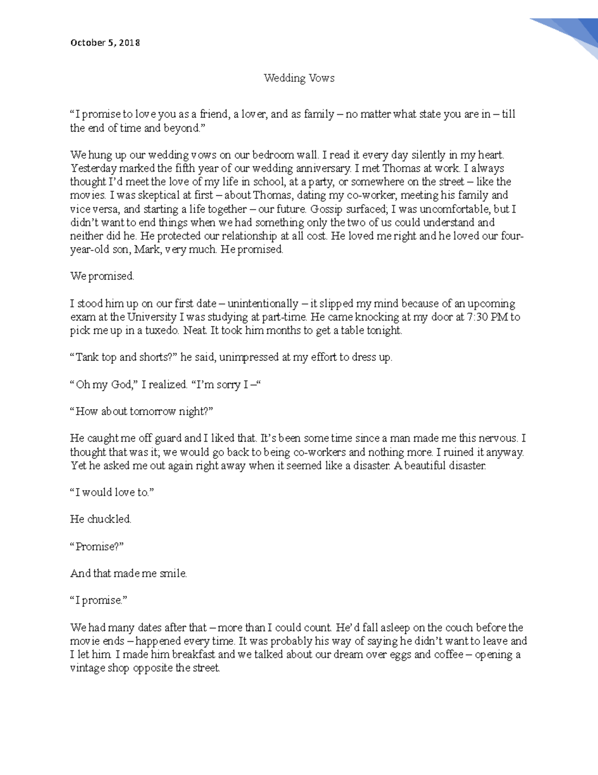 Wedding Vows 100518 - essay - October 5, 2018 Wedding Vows “I promise ...