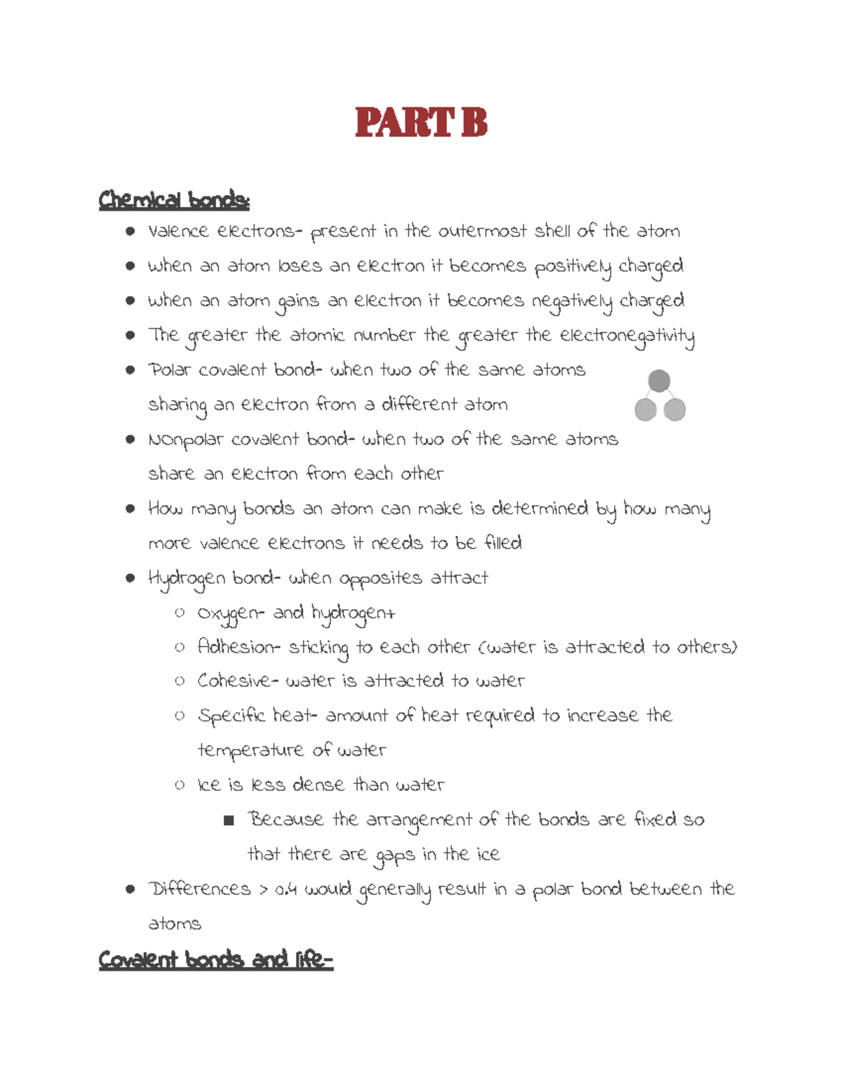 Biology Unit 1 Part B - PART B Chemical bonds: Valence electrons ...