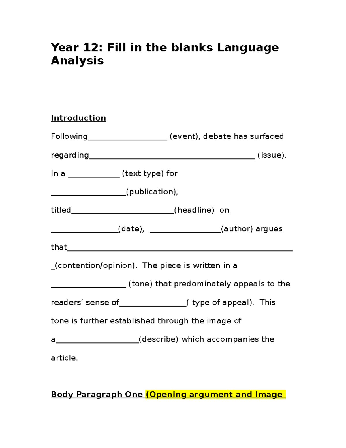 Fill-in Language Analysis - Year 12: Fill in the blanks Language ...