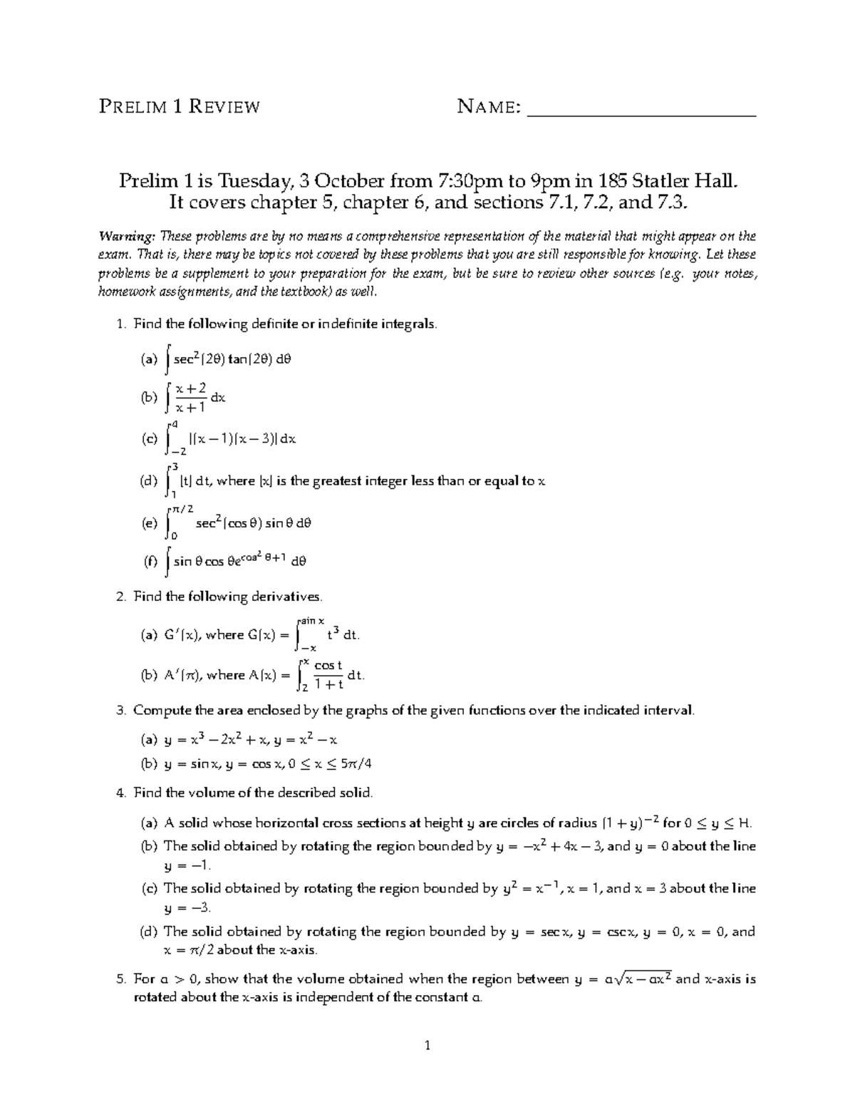 1910fa17-prelim 1-review - PRELIM 1 REVIEW NAME: Prelim 1 is Tuesday, 3 ...