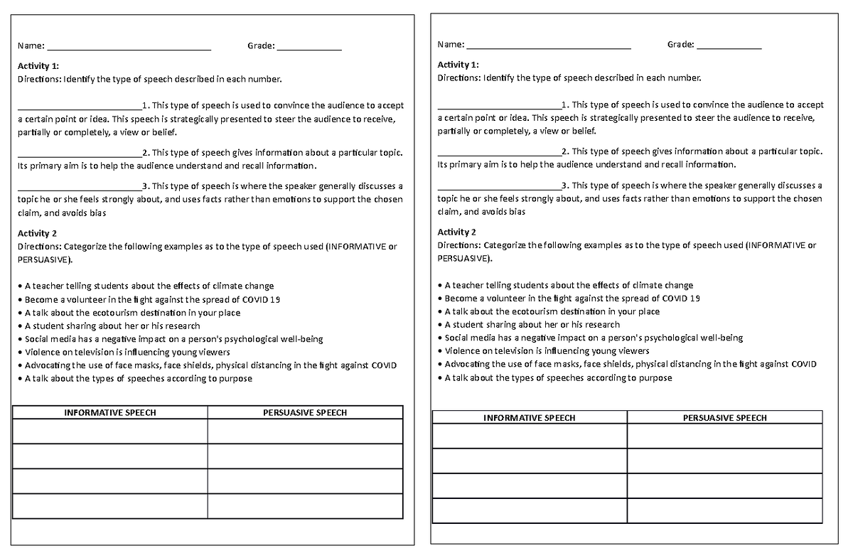 Persuasive, Informative, Argumantative Activities - Name