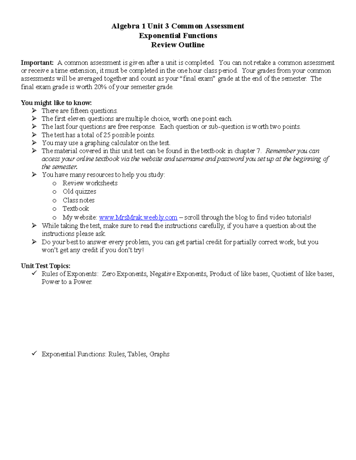 Unit 3 common assessment - outline - Algebra 1 Unit 3 Common Assessment ...