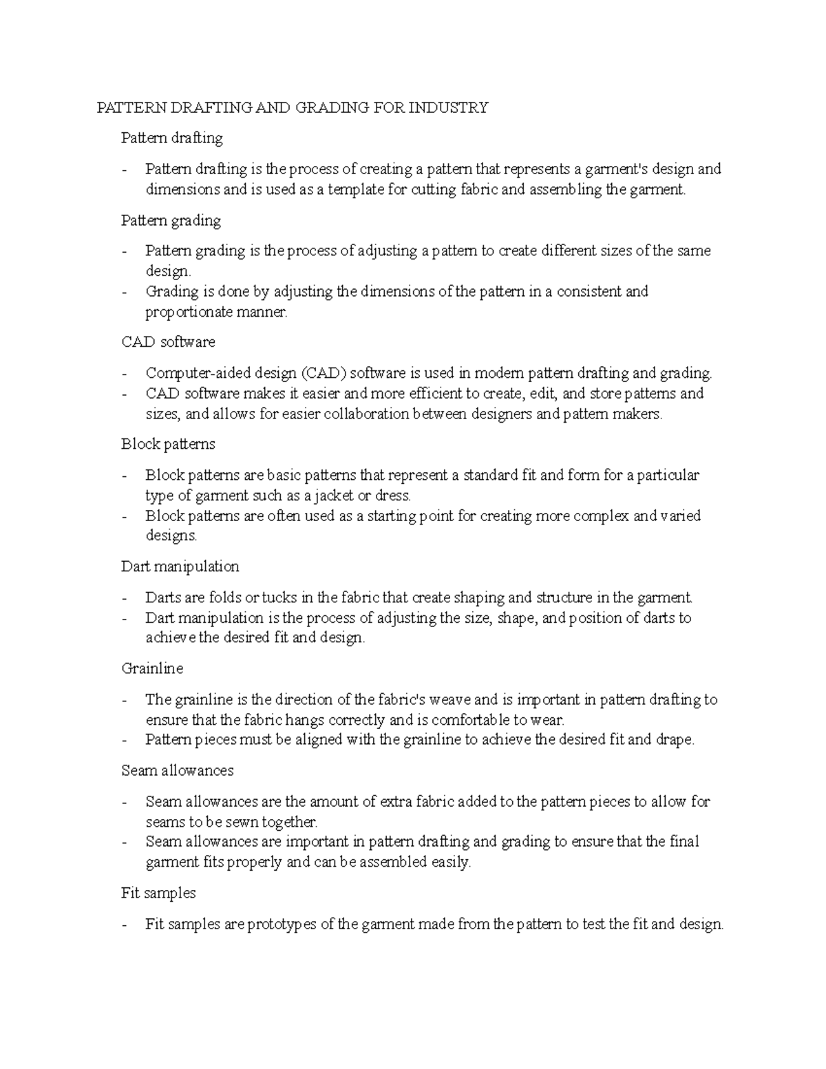 Pattern Drafting AND Grading FOR Industry Notes 1 - PATTERN DRAFTING ...