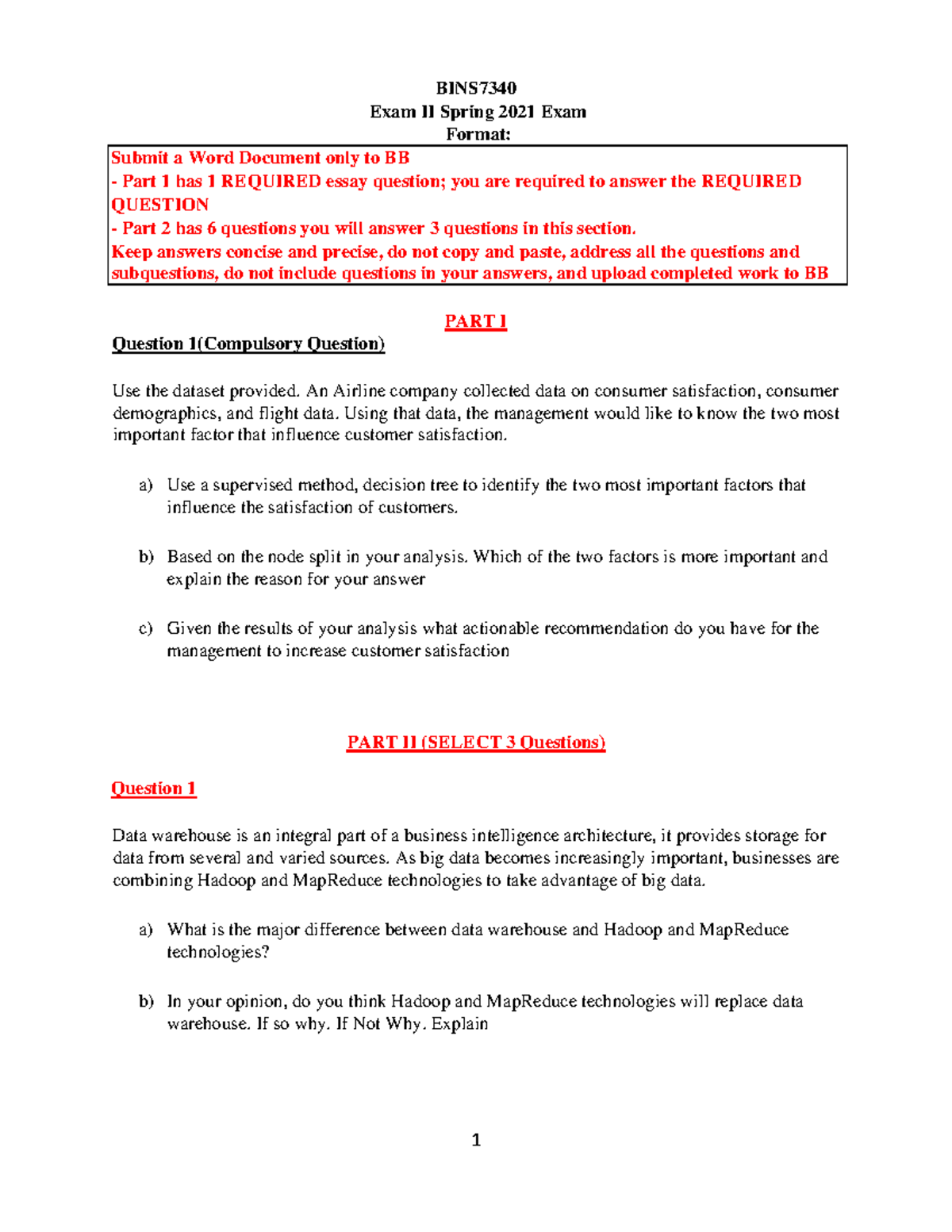 Exam 2 Spring 22021 - BINS Exam II Spring 2021 Exam **Format: Submit a ...
