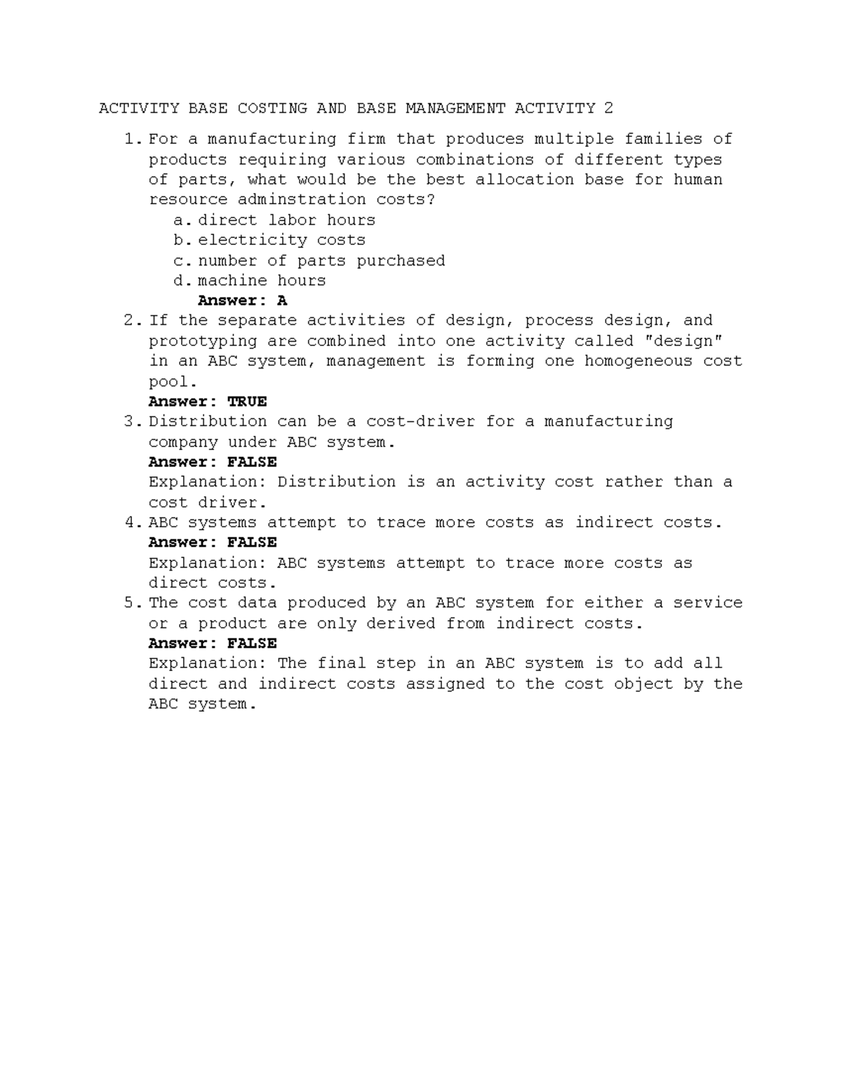 Activity BASE Costing AND BASE Management Activity 2 - ACTIVITY BASE ...