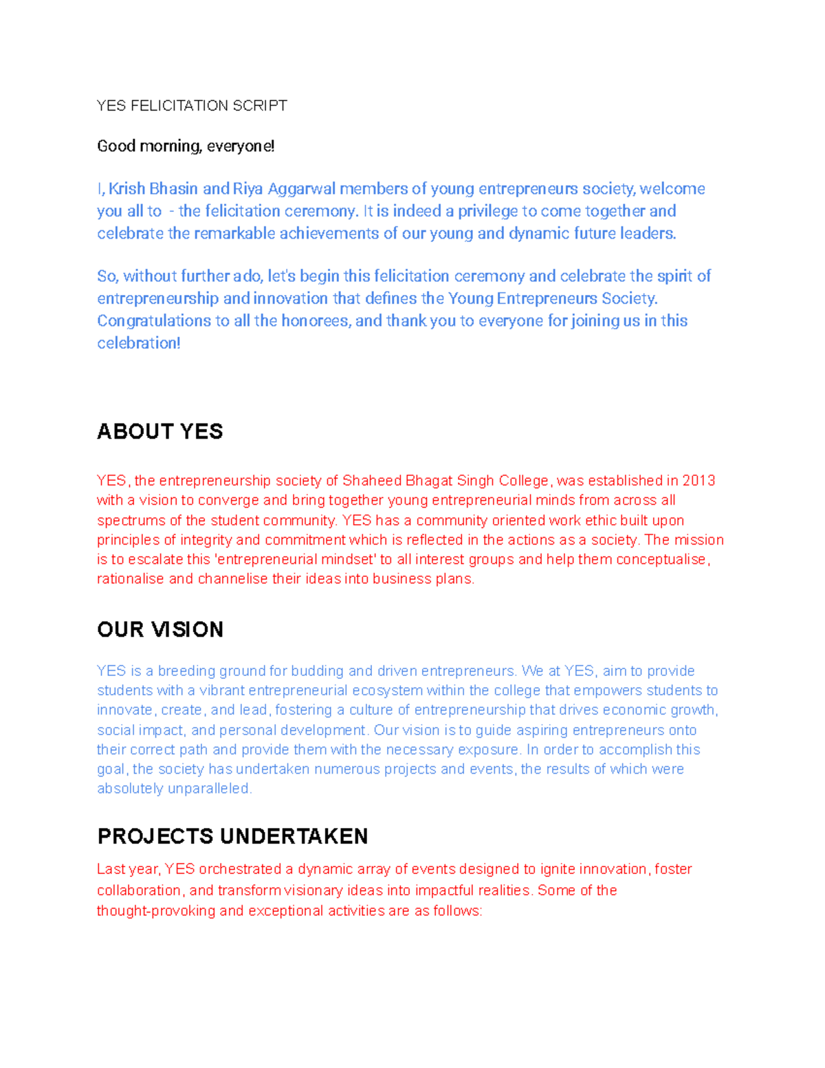 YES Felicitation Script - YES FELICITATION SCRIPT Good morning ...