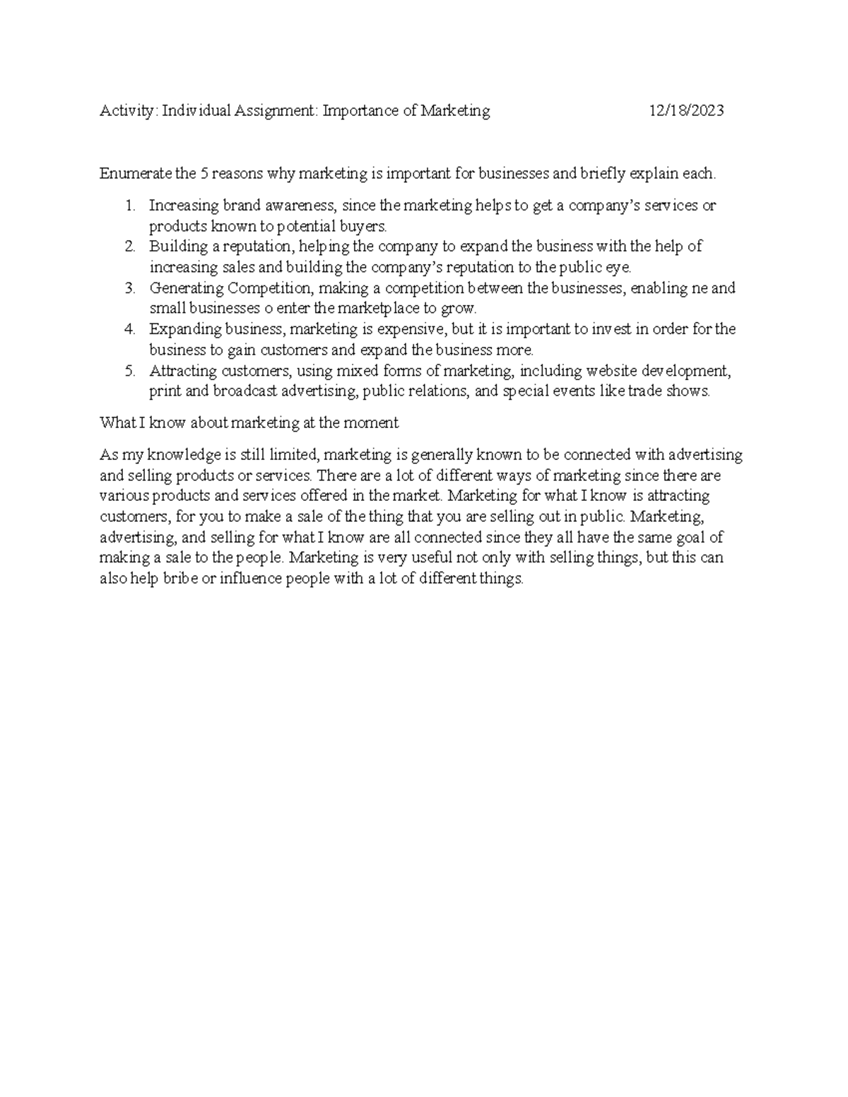 Markma 1 reflection - Activity: Individual Assignment: Importance of Marketing 12/18/ Enumerate ...