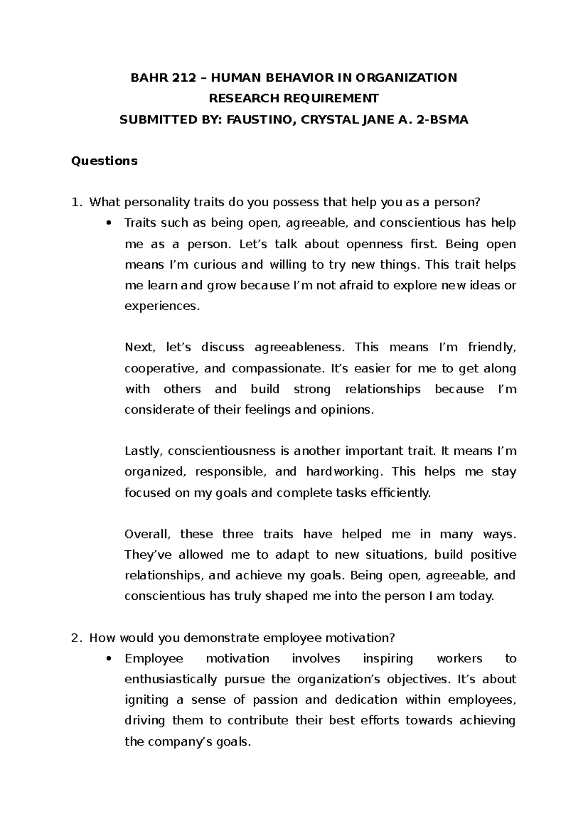 Assignments for BAHr 212 - BAHR 212 – HUMAN BEHAVIOR IN ORGANIZATION ...