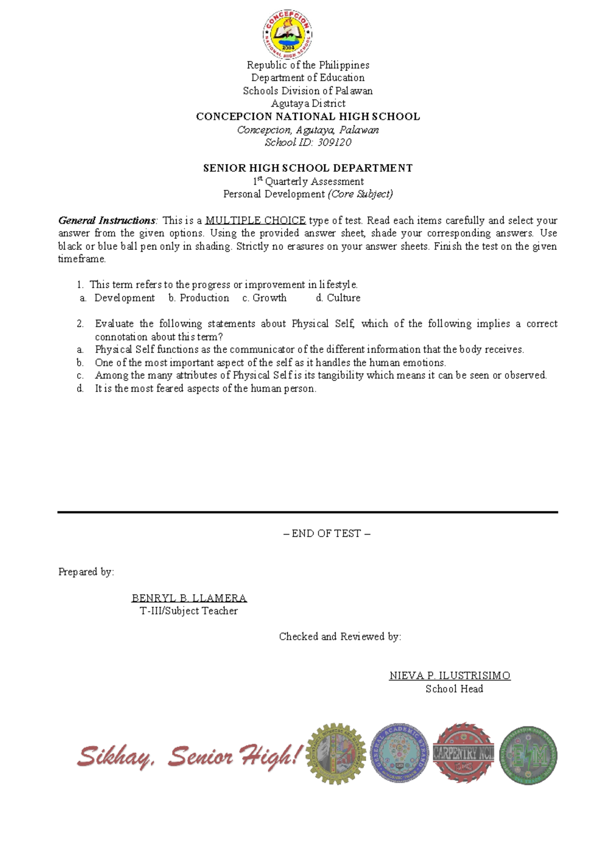 Quarterly Assessment AND Answer KEY Template - Republic of the ...