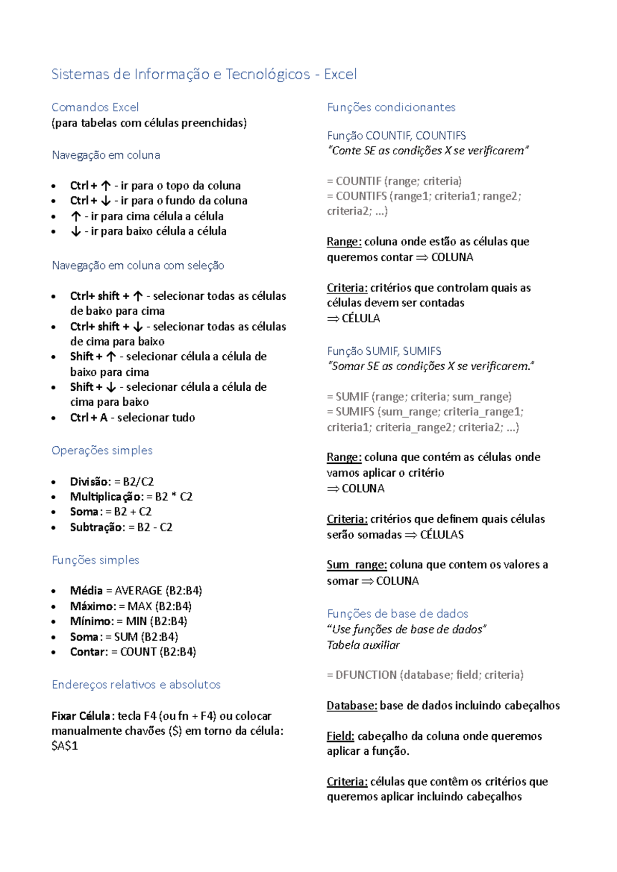 SIT - Excel - Sistemas de Informação e Tecnológicos - Excel Comandos ...