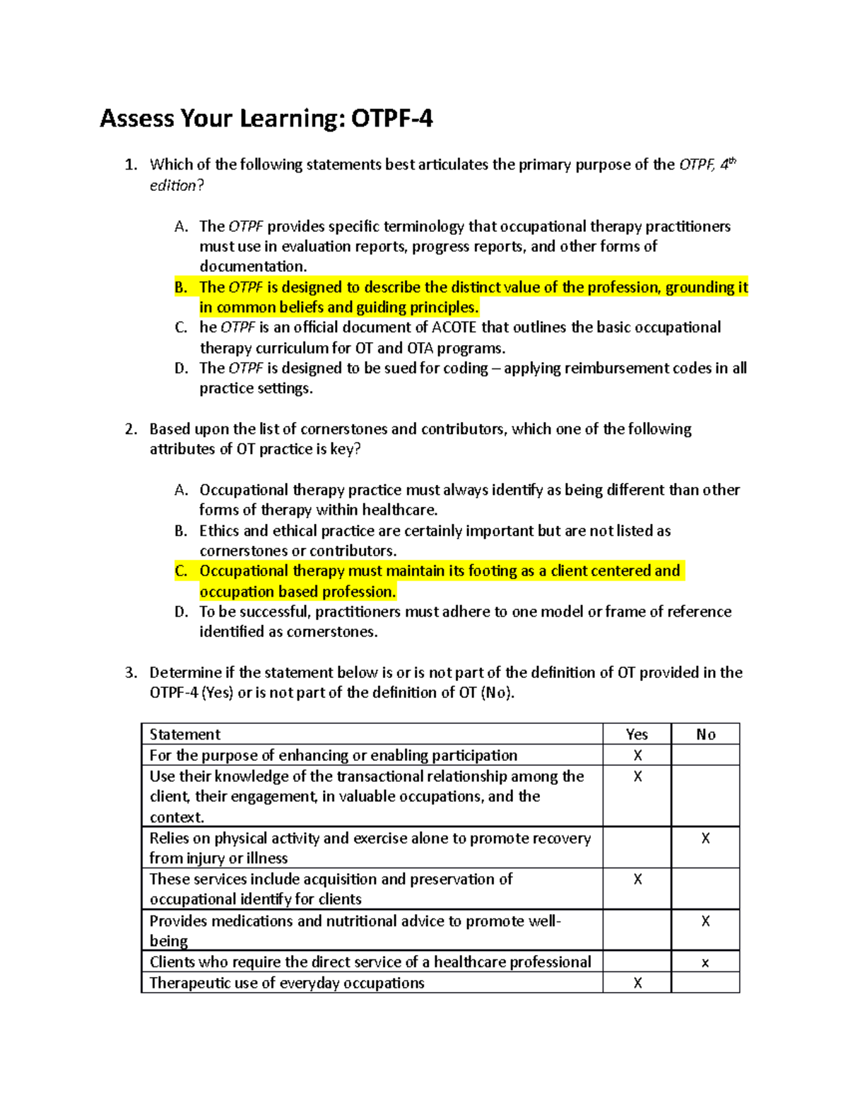 OTPF Learning Activity - Assess Your Learning: OTPF- Which of the ...
