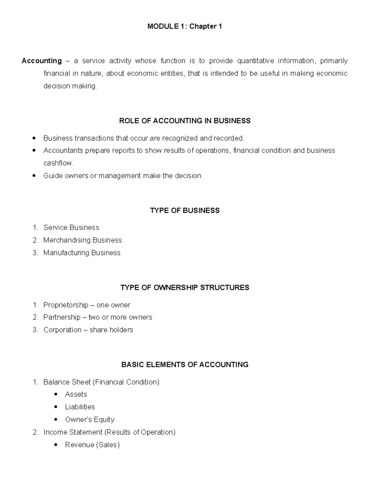 Basic Accounting - MODULE 1: Chapter 1 Accounting – a service activity ...