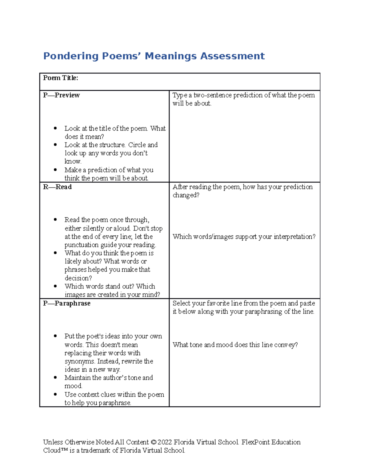 Pondering poems assess rubric - Pondering Poems’ Meanings Assessment ...