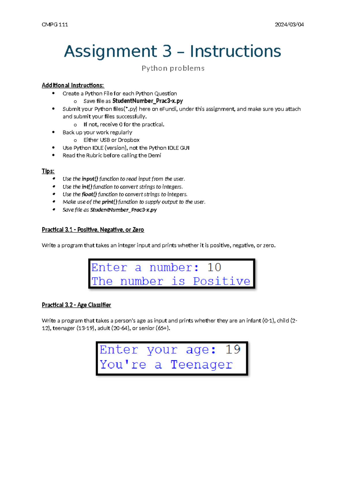 Practical 3 - Instructions - CMPG 111 2024/03/ Assignment 3 – Instructions Python problems - Studocu