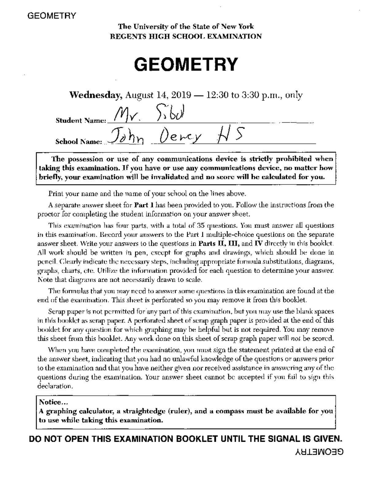 0819Exam GEOans - Answer Key - GEOMETRY The University of the State of ...