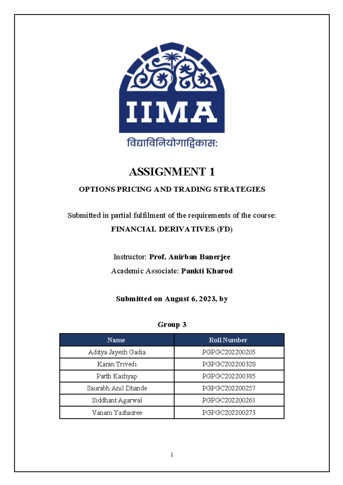 Project 1 Group 3 - ASSIGNMENT 1 OPTIONS PRICING AND TRADING STRATEGIES ...