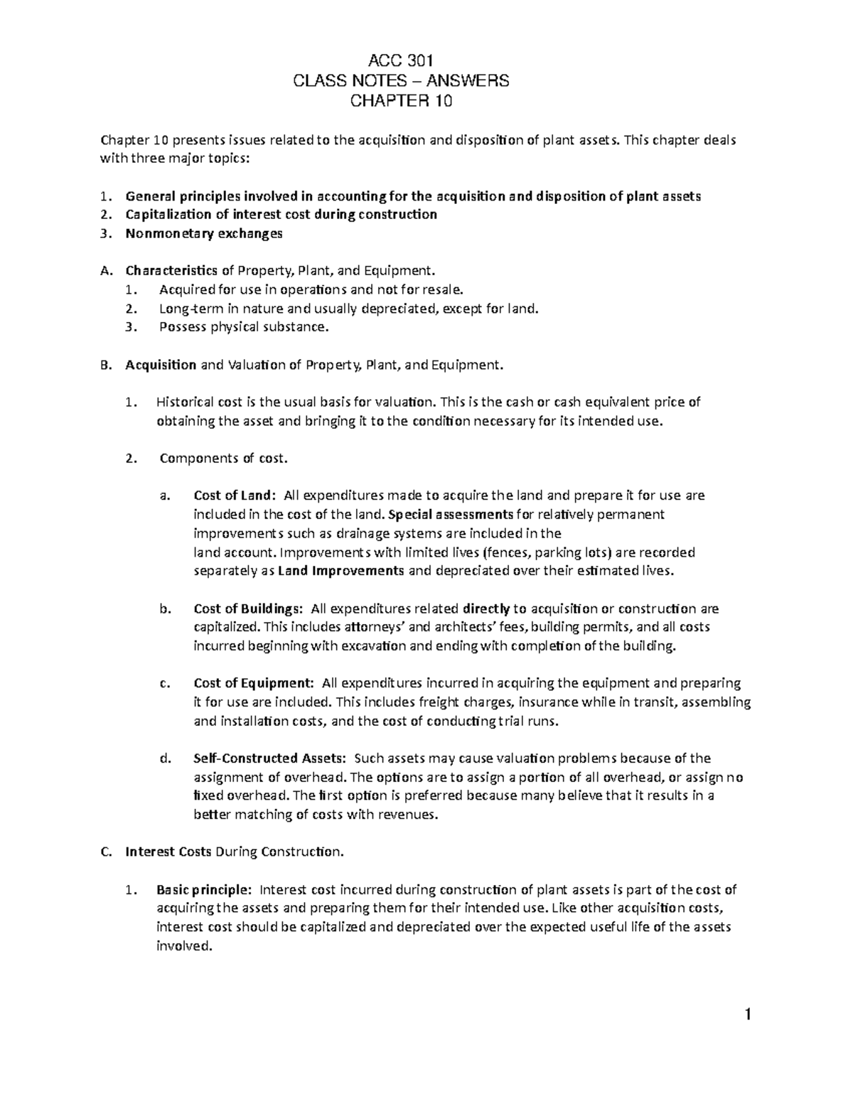 Chapter 10 Class Notes-Answers - ACC 301 CLASS NOTES – ANSWERS CHAPTER ...