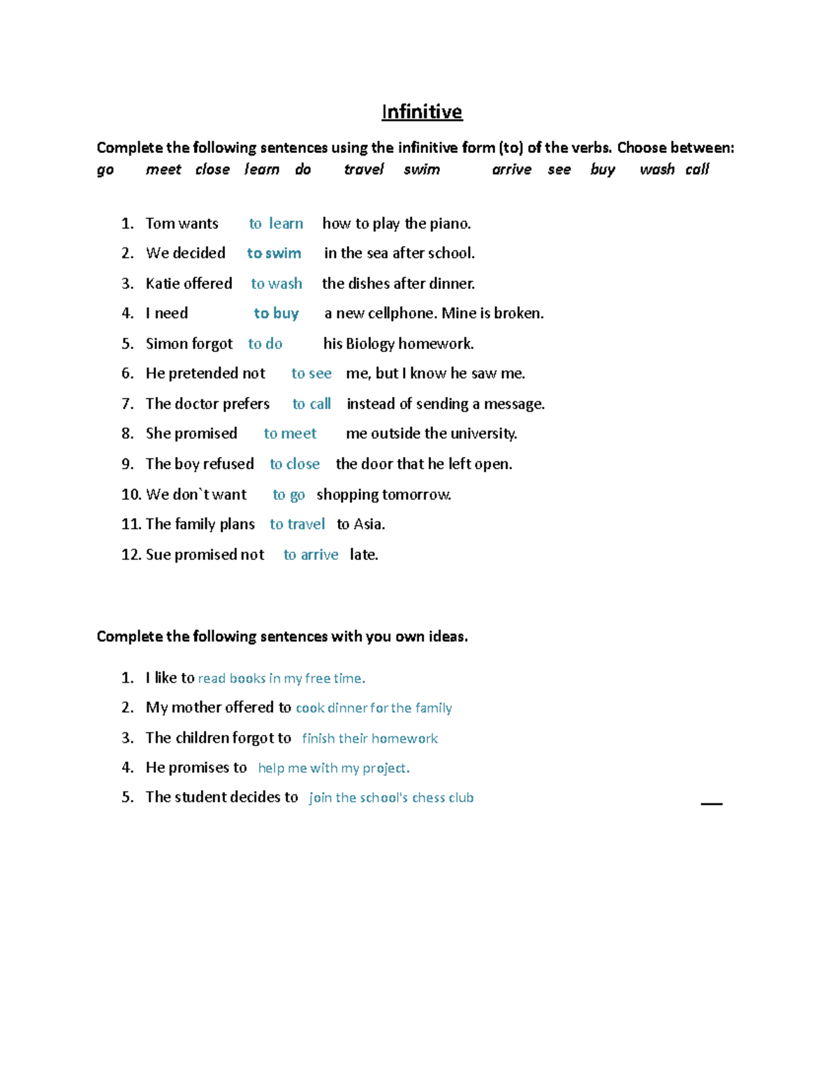 Tarea ingles - taller - Infinitive Complete the following sentences ...