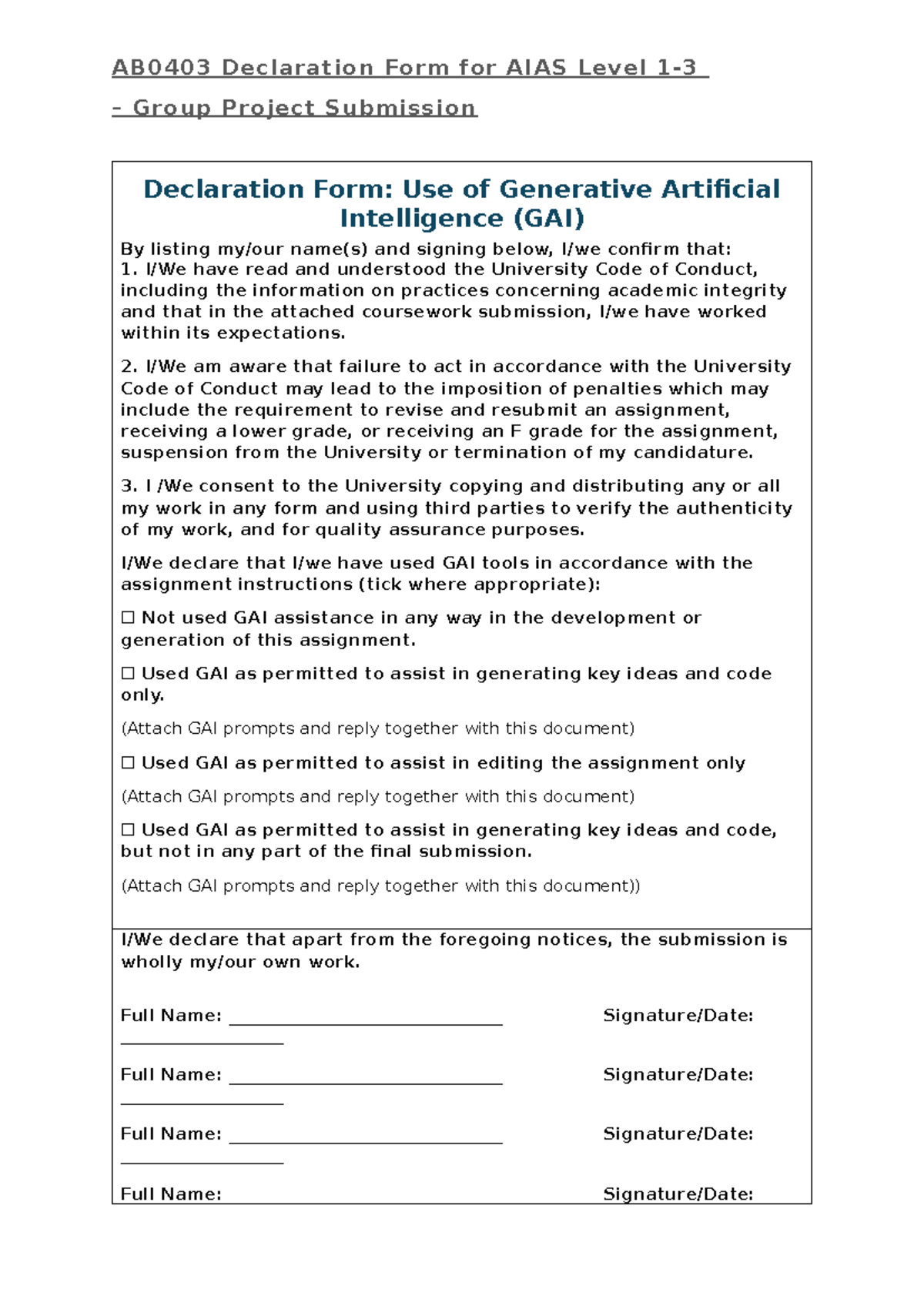 Gen AI Declaration Form AB0403 Project - AB0403 Declaration Form for ...