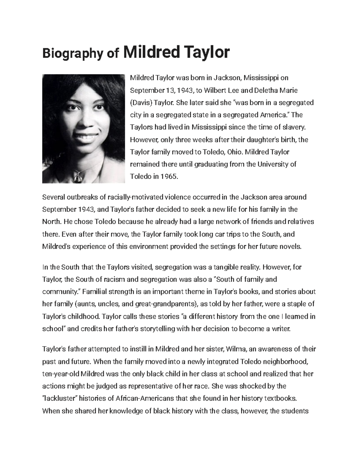 Biography of Mildred Taylor - Biography of Mildred Taylor Mildred ...