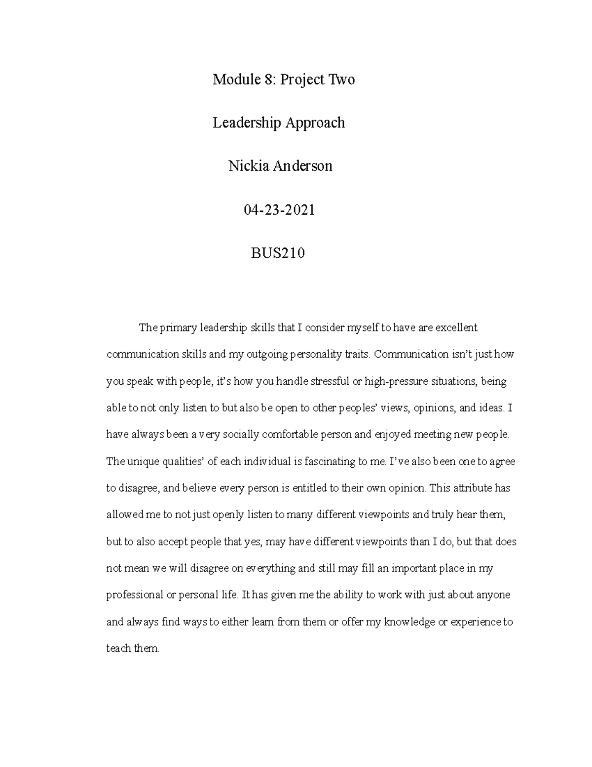 Module 8-Project Two - Module 8: Project Two Leadership Approach Nickia ...