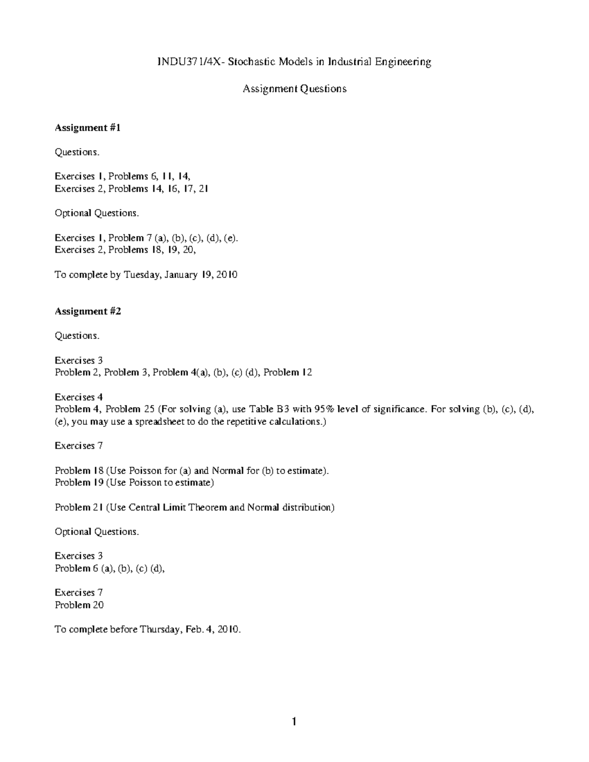 In371-assginments - INDU371/4X- Stochastic Models in Industrial ...