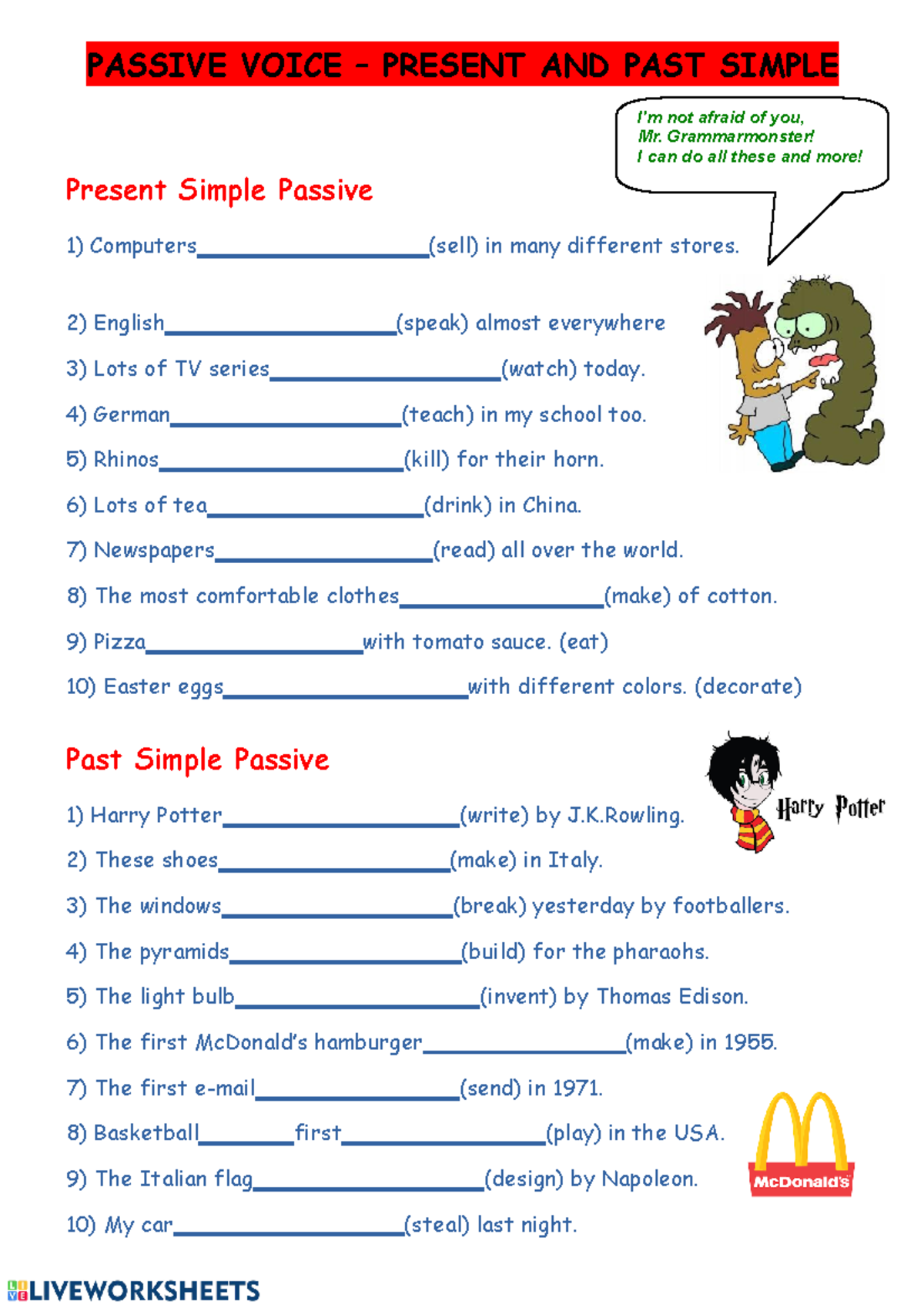 Passive Voice English 3 Worksheet PASSIVE VOICE PRESENT AND PAST