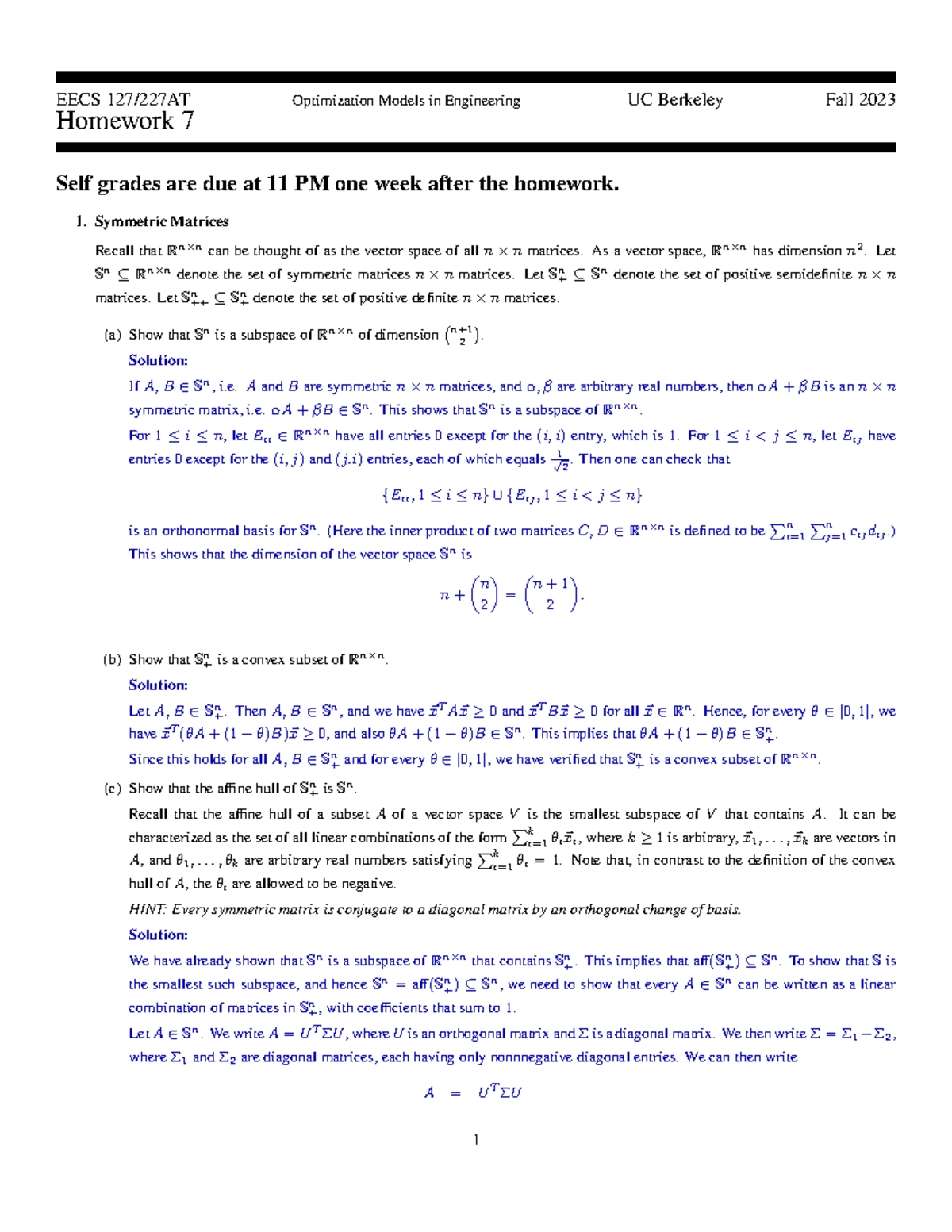 Hw07 sol - hw assignment - EECS 127/227AT Optimization Models in Engineering UC Berkeley Fall ...