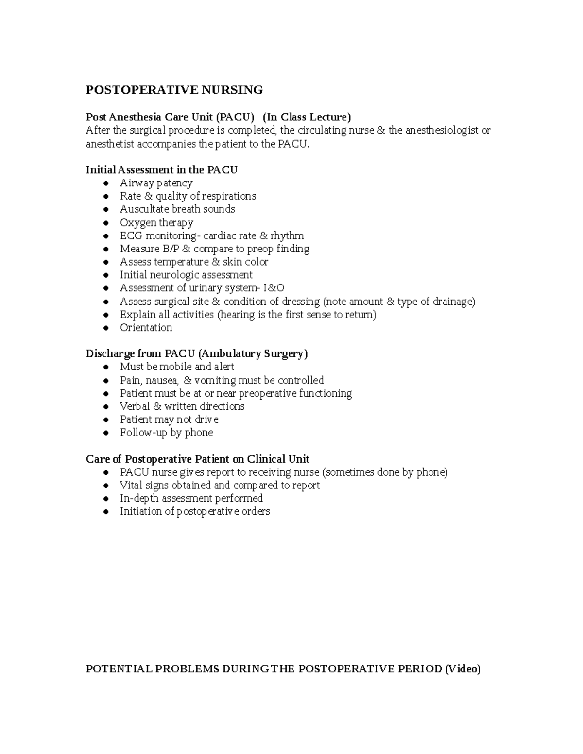 NRS 250 Post Op Notes - Includes content on the post operative nursing ...