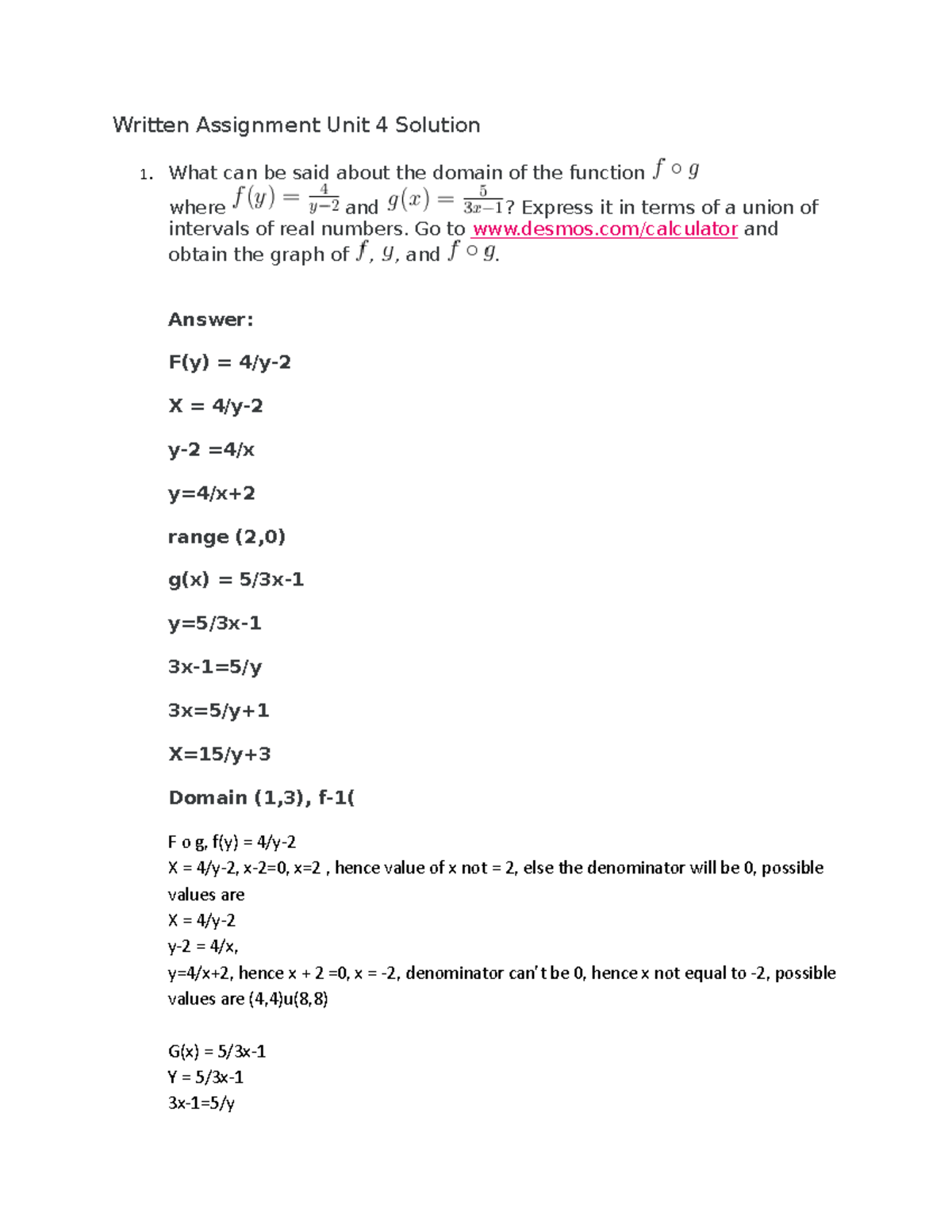 Written Assignment Unit 4 - Go to desmos/calculator and obtain the ...